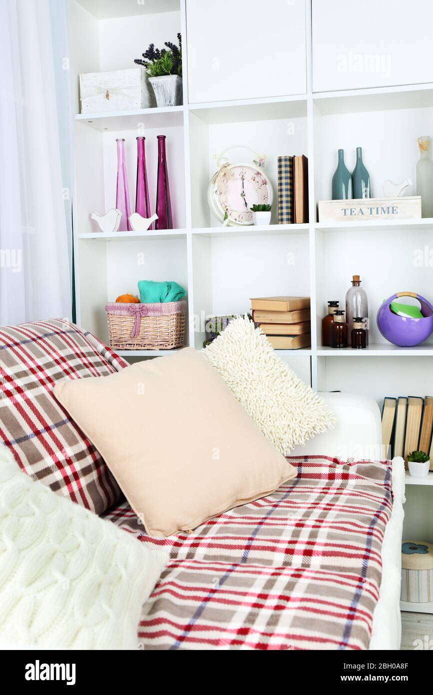 Modern interior design of living room in light colors, indoors Stock ...