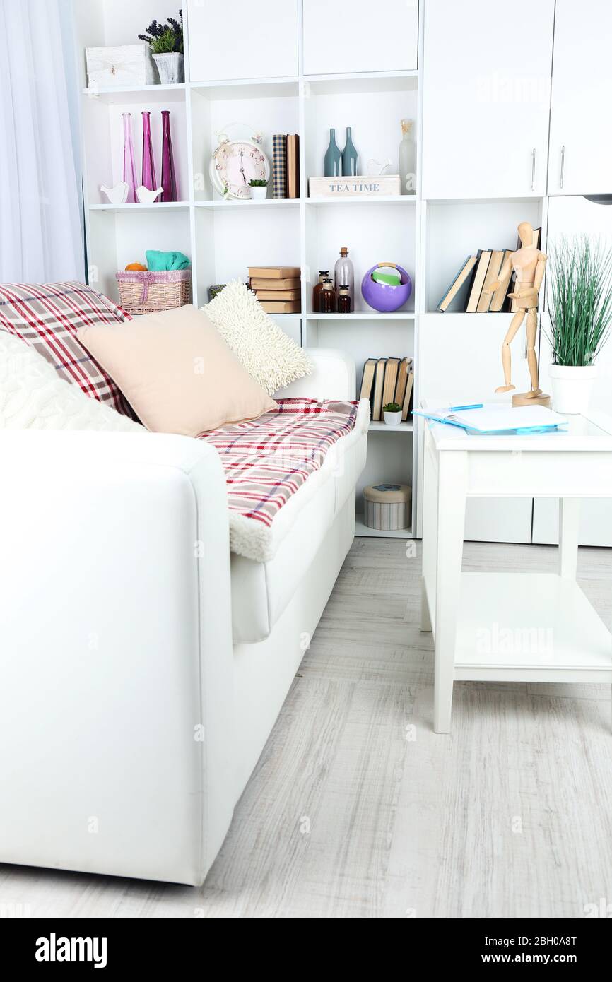 Modern interior design of living room in light colors, indoors Stock ...