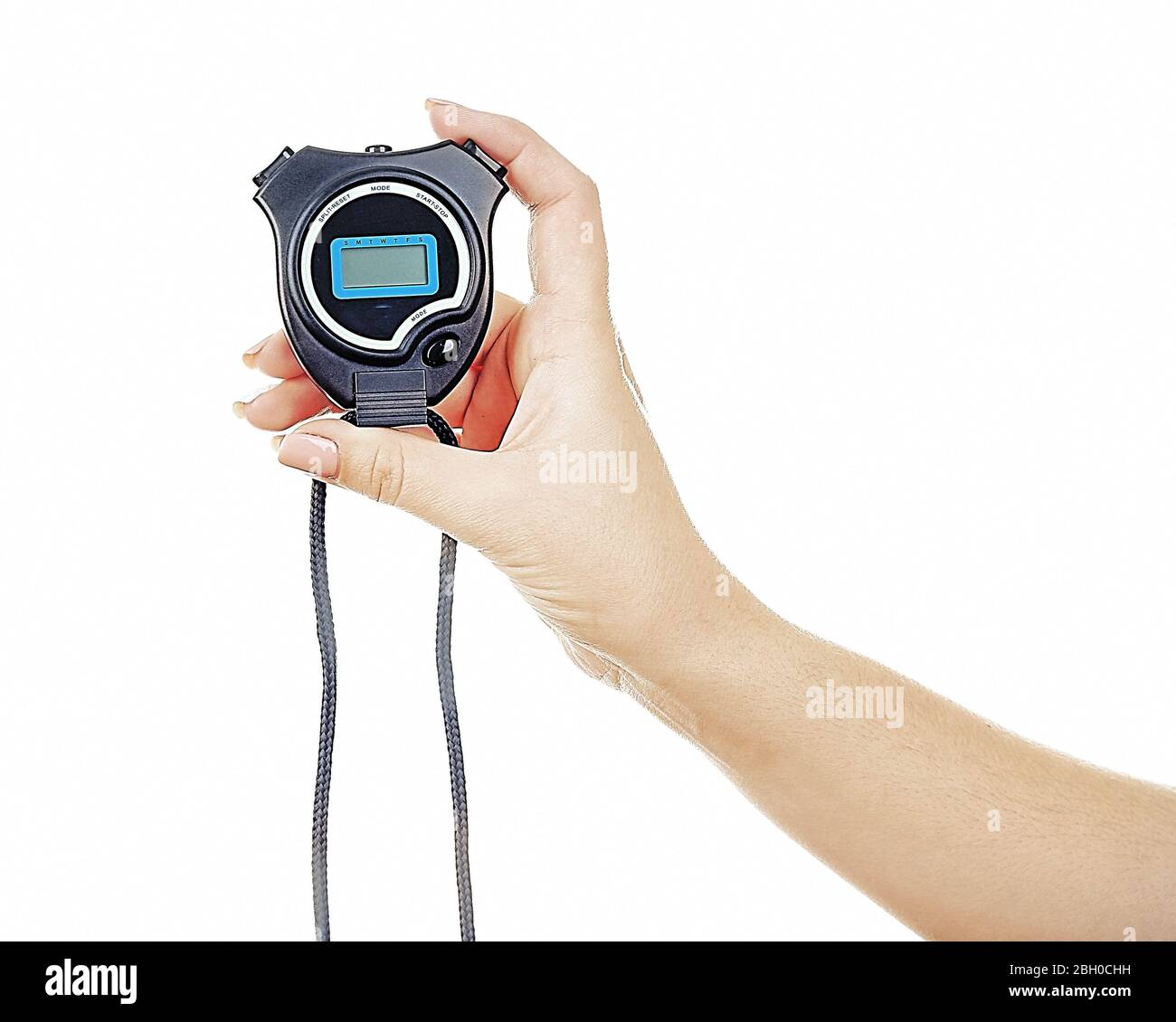 Electronic sport timer in female hand isolated on white Stock Photo - Alamy
