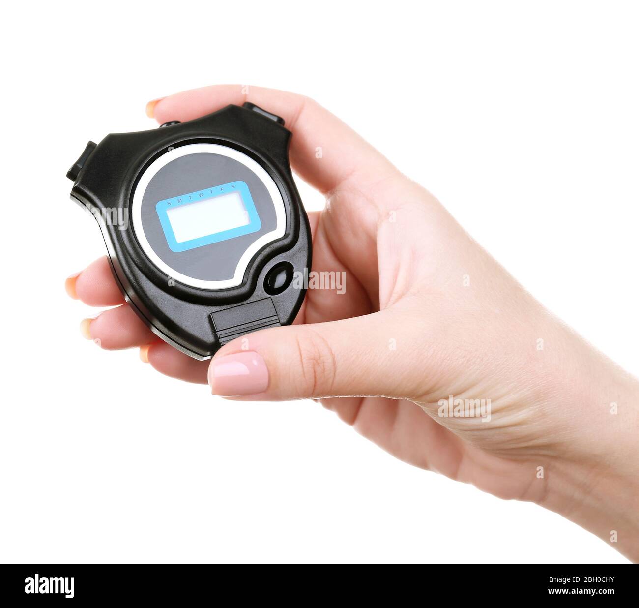 Electronic sport timer in female hand isolated on white Stock Photo - Alamy