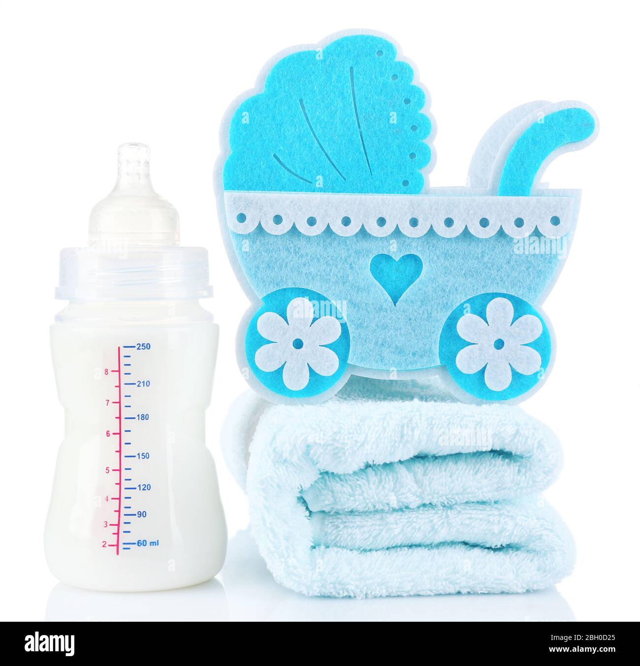 Blue little pram and bottle of milk isolated on white Stock Photo - Alamy
