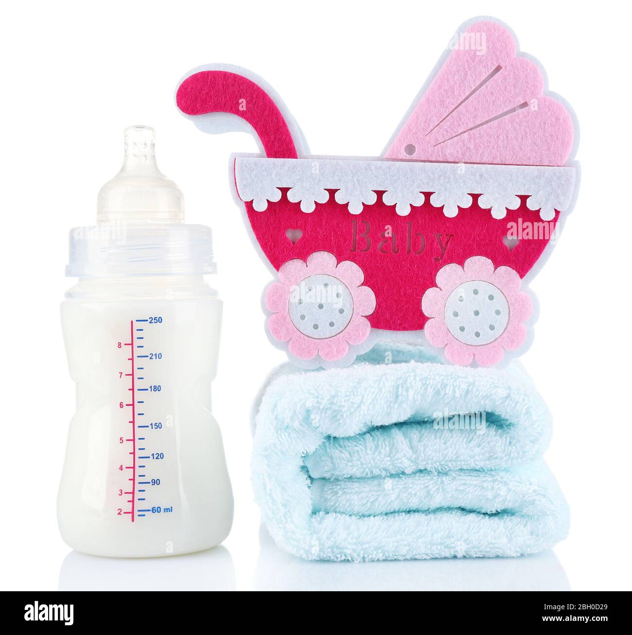 Pink little pram and bottle of milk isolated on white Stock Photo - Alamy