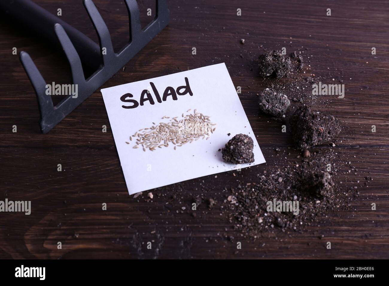 Salad seeds on piece of paper with ground and rake on wooden background ...