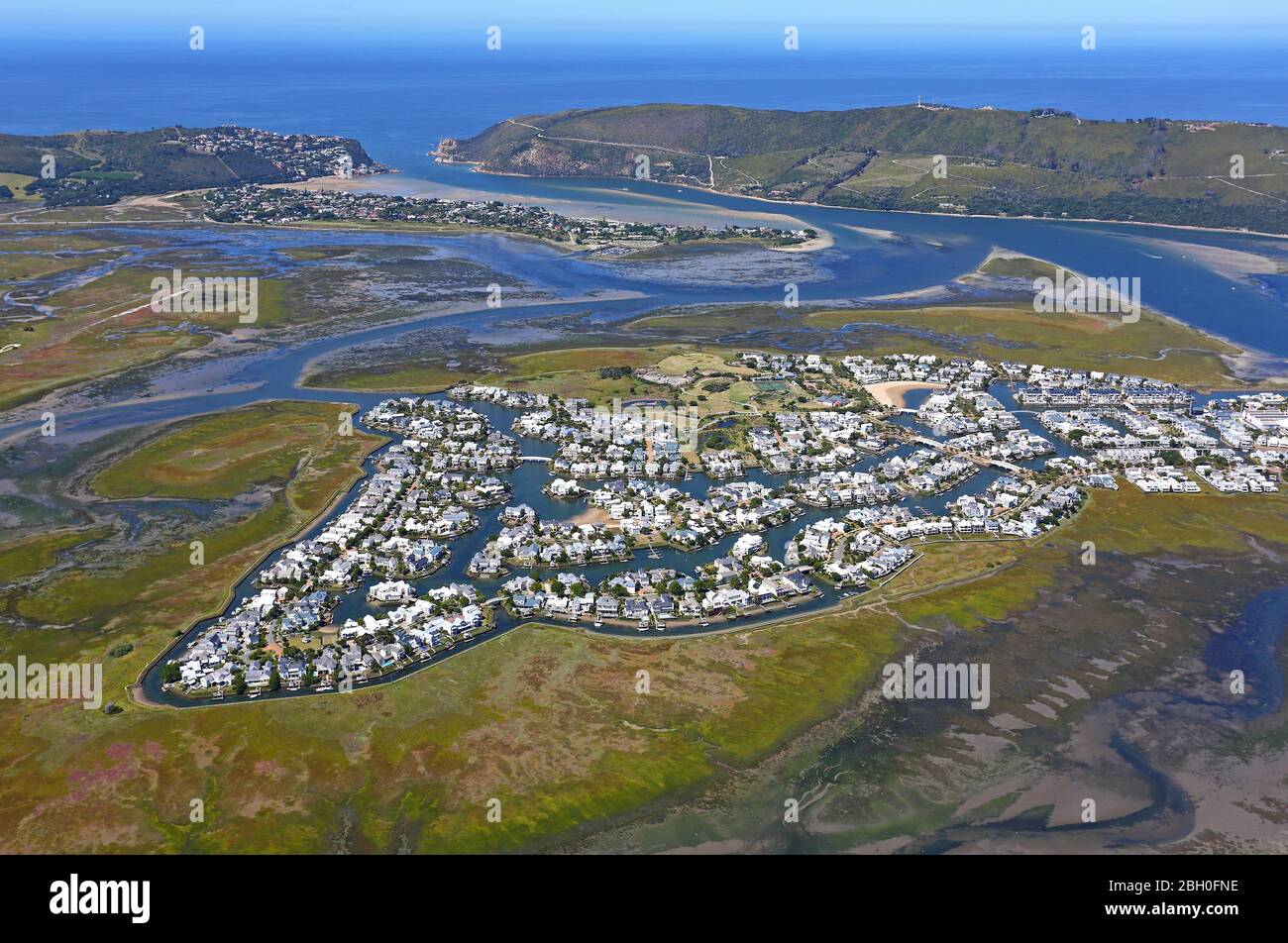 Aerial view of Knysna and Thesen Island, with The Heads in the ...