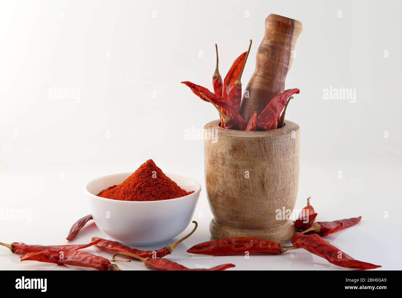 red chillies with red chilly powder on white background Stock Photo - Alamy