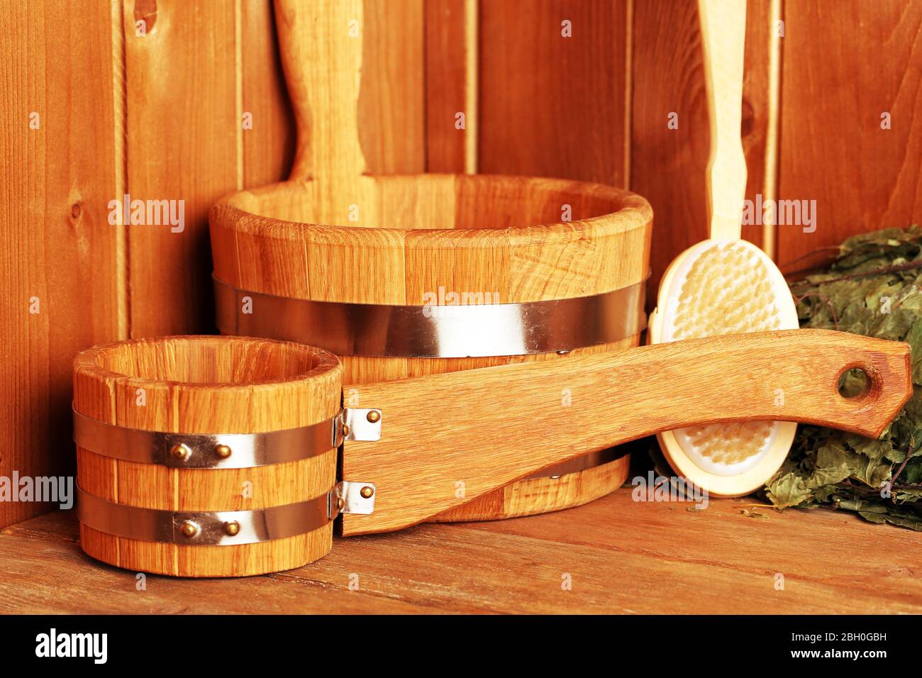 Natural accessories in sauna Stock Photo - Alamy