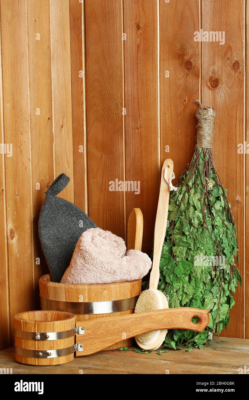 Natural accessories in sauna Stock Photo - Alamy