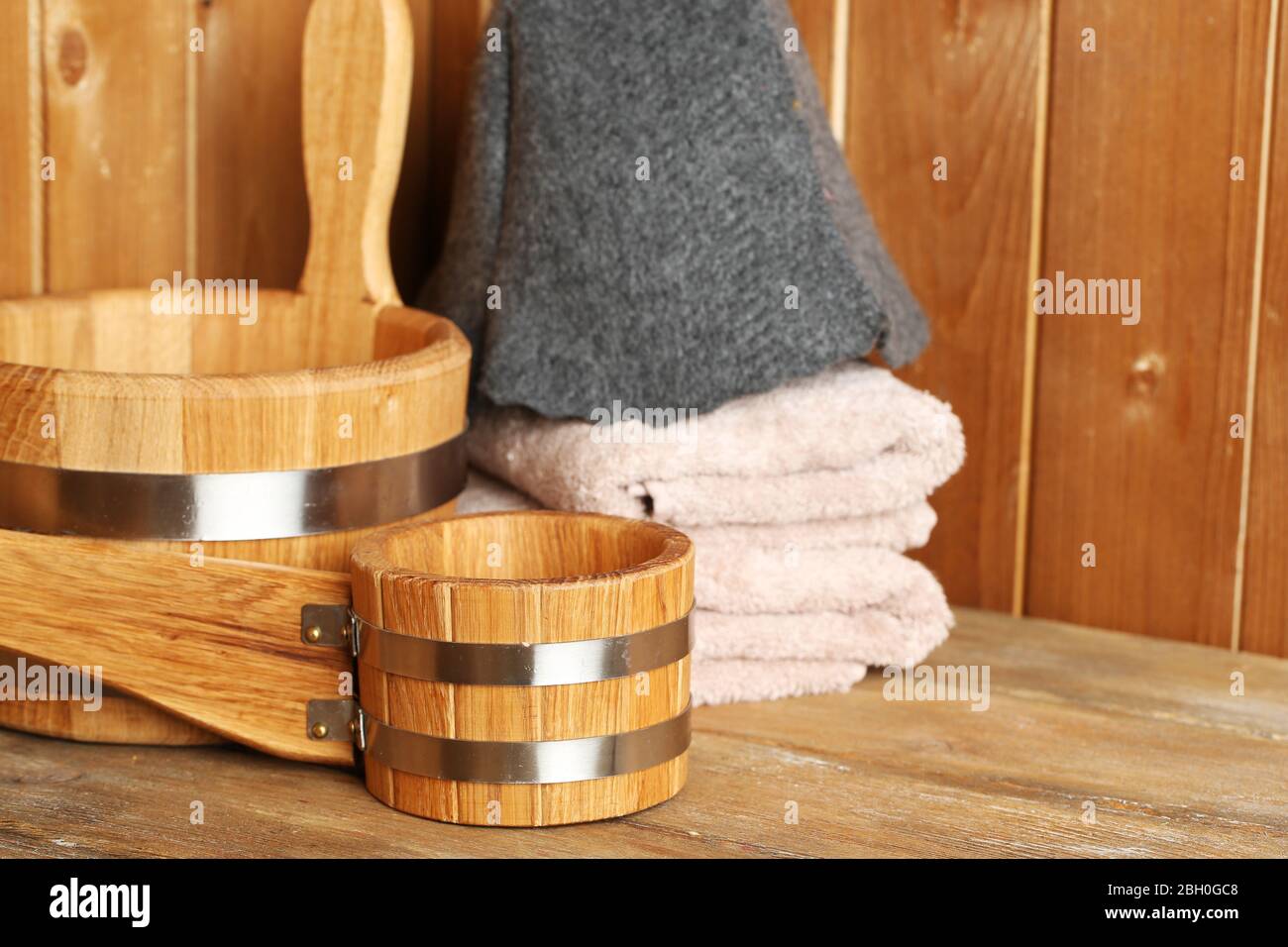 Natural accessories in sauna Stock Photo - Alamy
