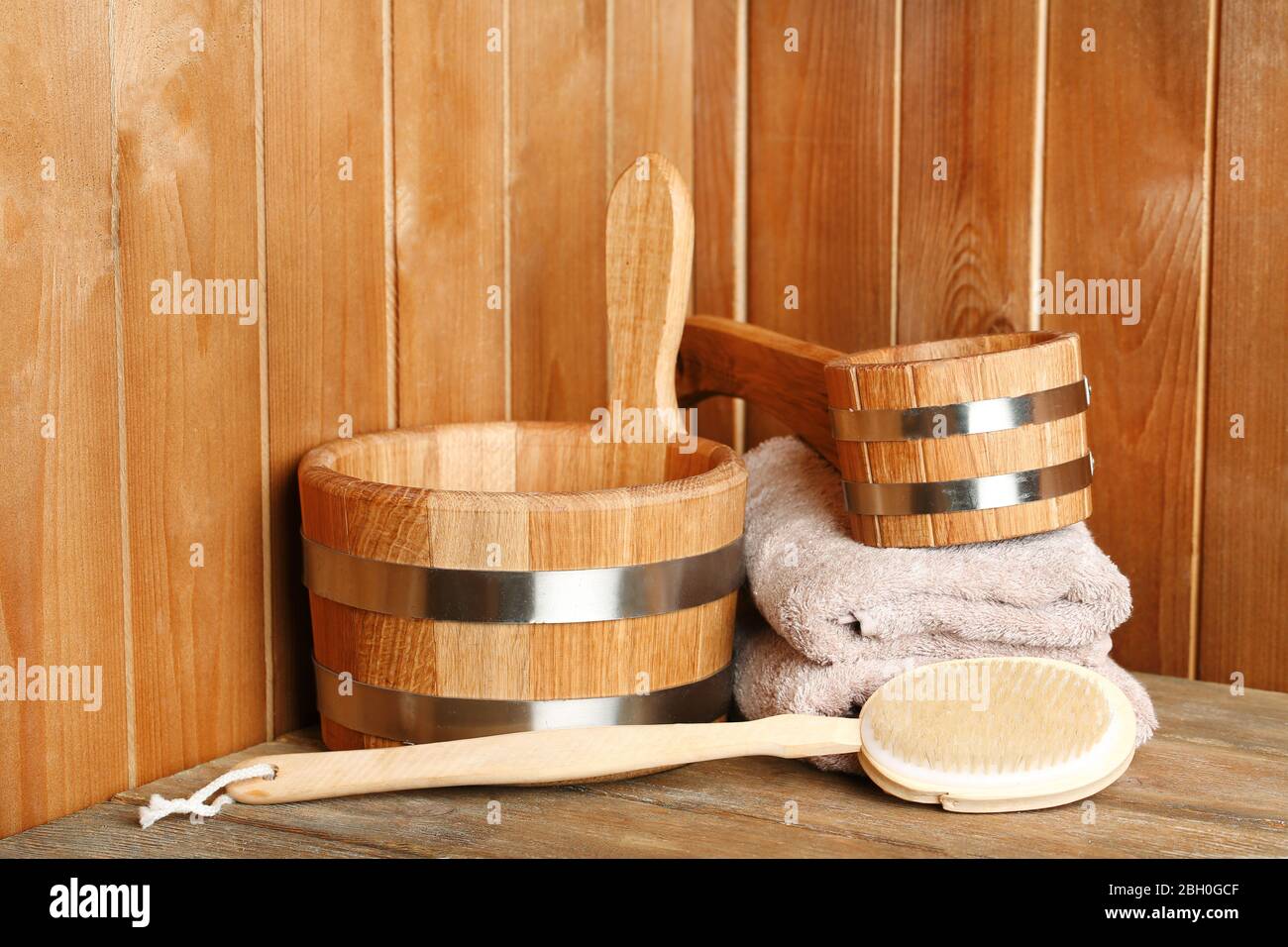 Natural accessories in sauna Stock Photo - Alamy