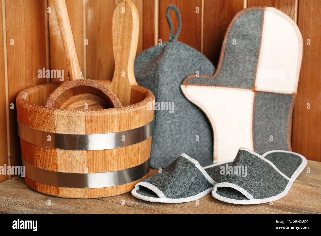 Natural accessories in sauna Stock Photo - Alamy