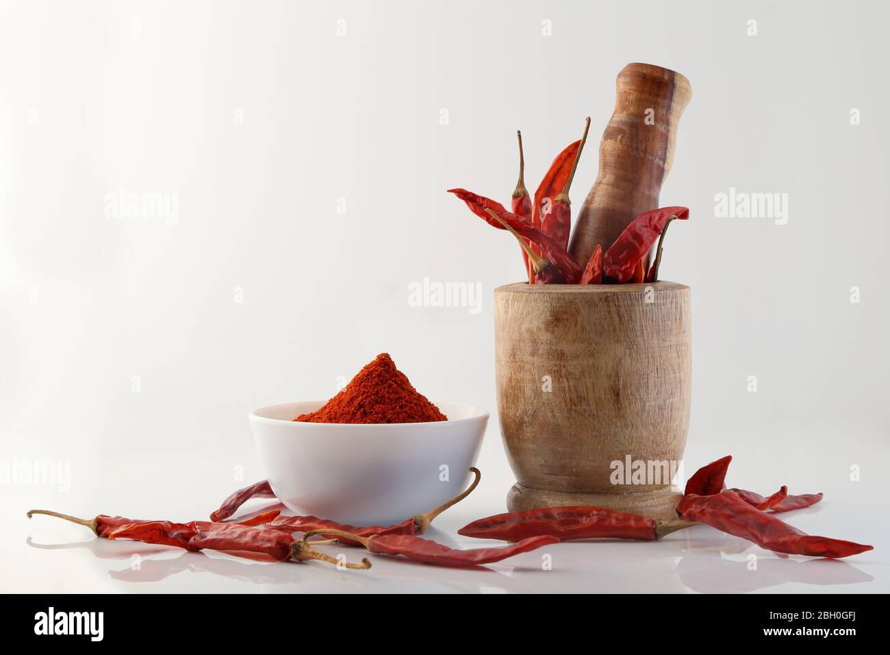 red chillies with red chilly powder on white background Stock Photo - Alamy