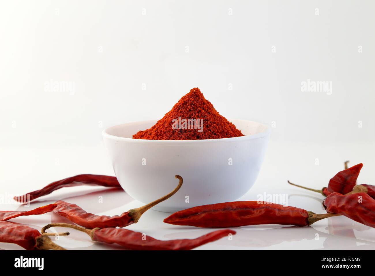 red chillies with red chilly powder on white background Stock Photo - Alamy