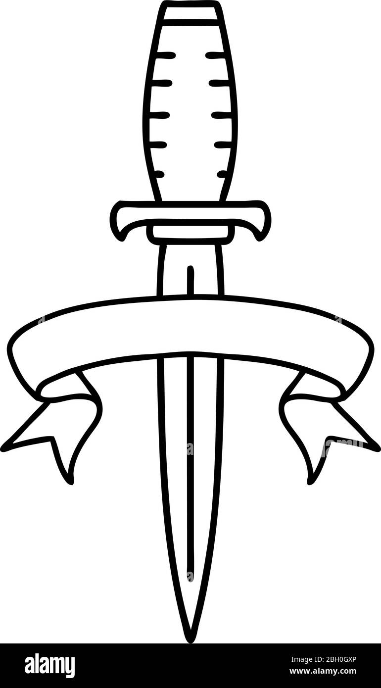 traditional black linework tattoo with banner of a dagger Stock Vector ...