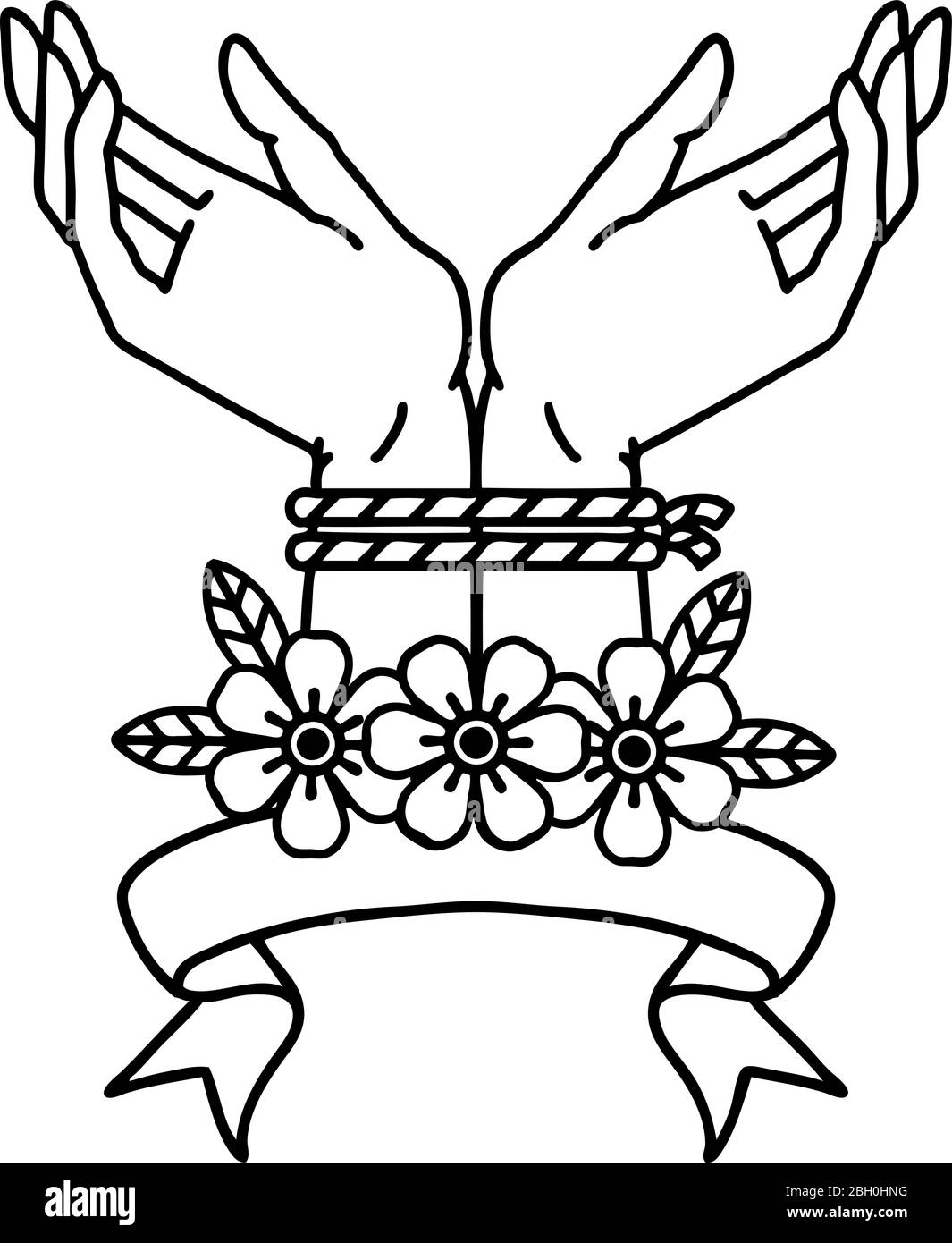 traditional black linework tattoo with banner of hands tied Stock ...