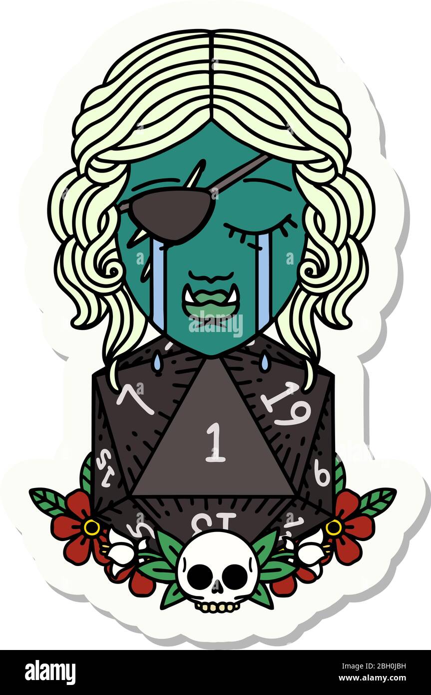 sticker of a crying half orc rogue character with natural one D20 roll ...