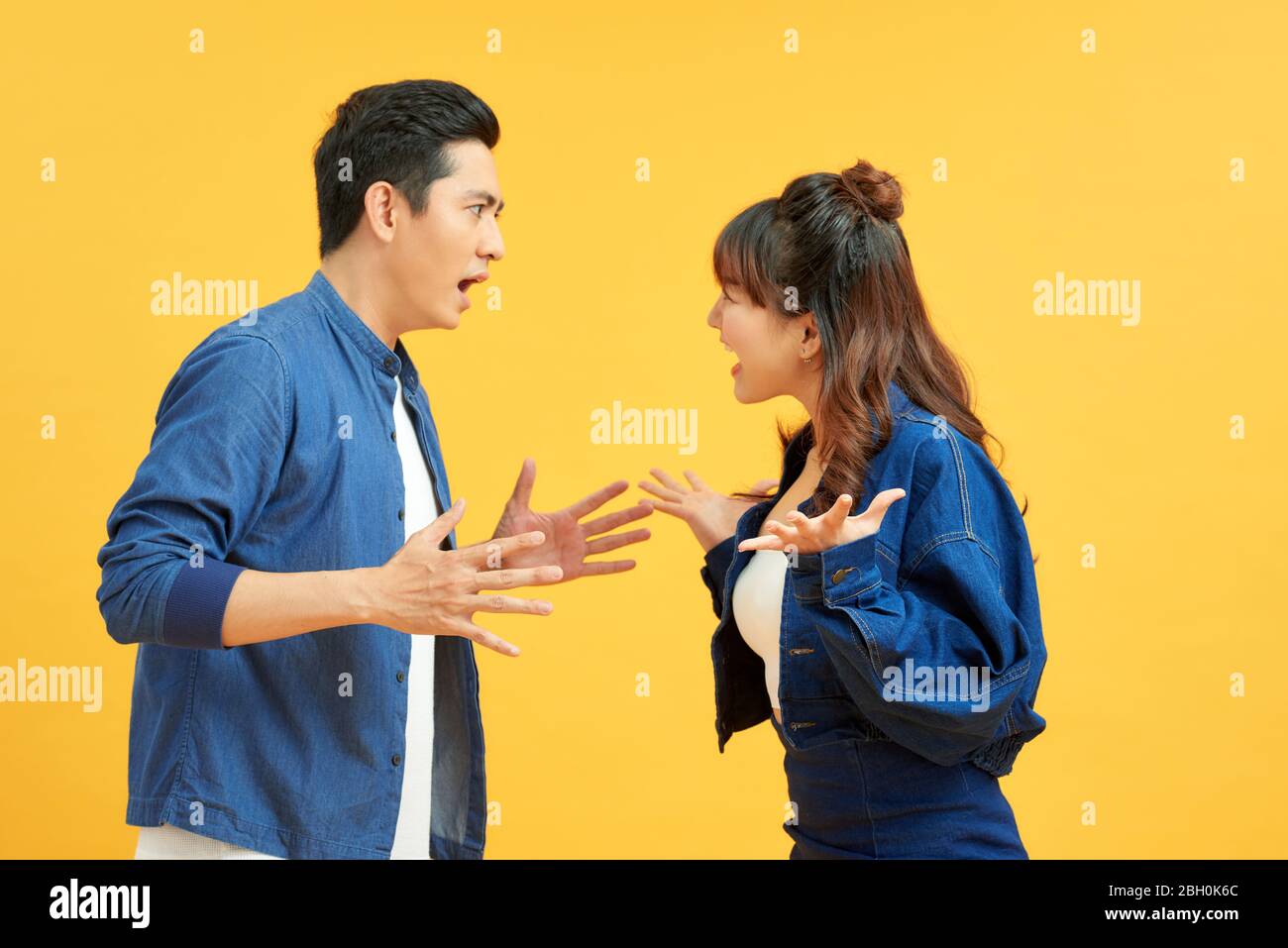 Profile side view portrait of two attractive angry aggressive nervous ...