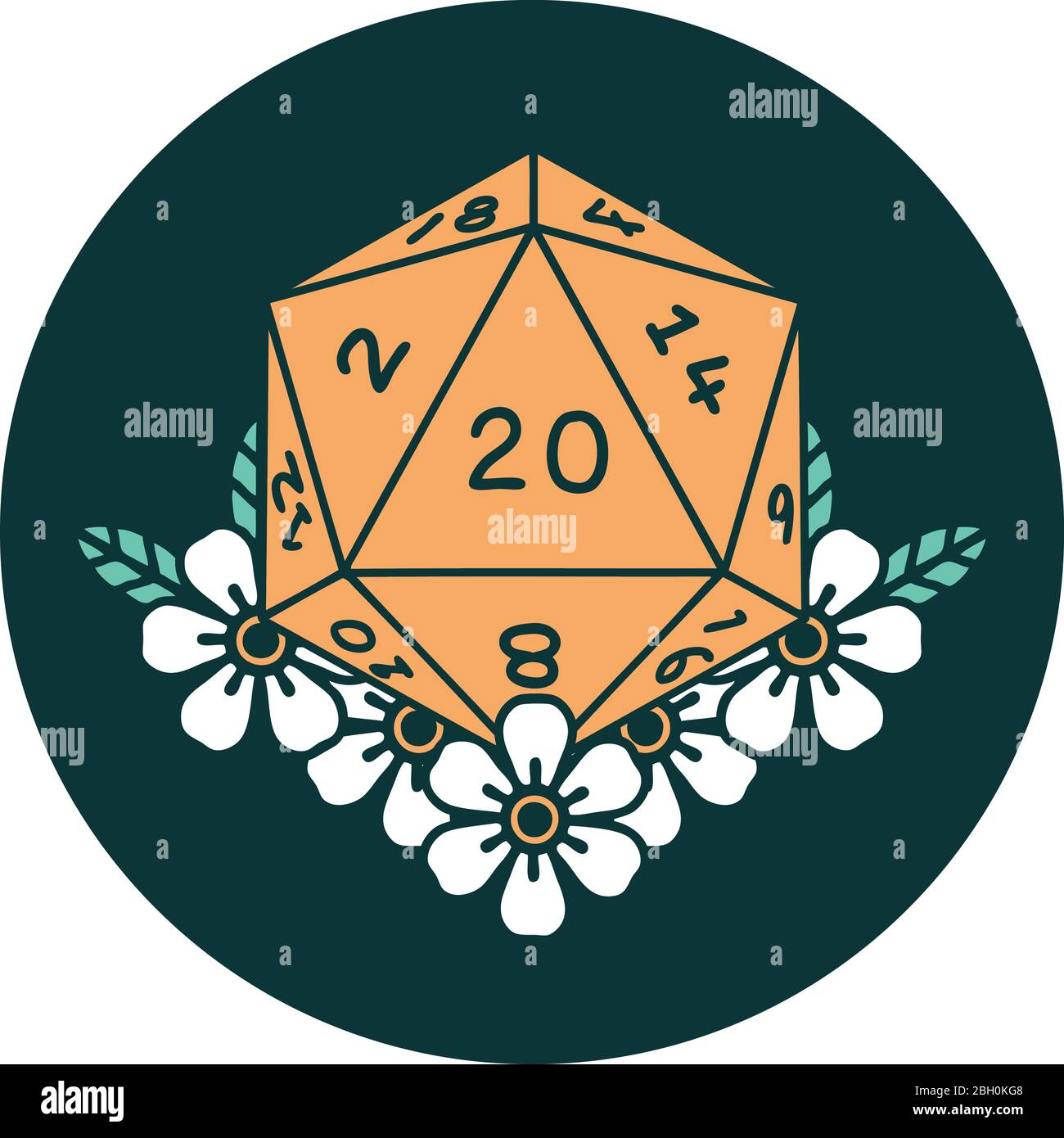 icon of natural 20 D20 dice roll with floral elements Stock Vector ...