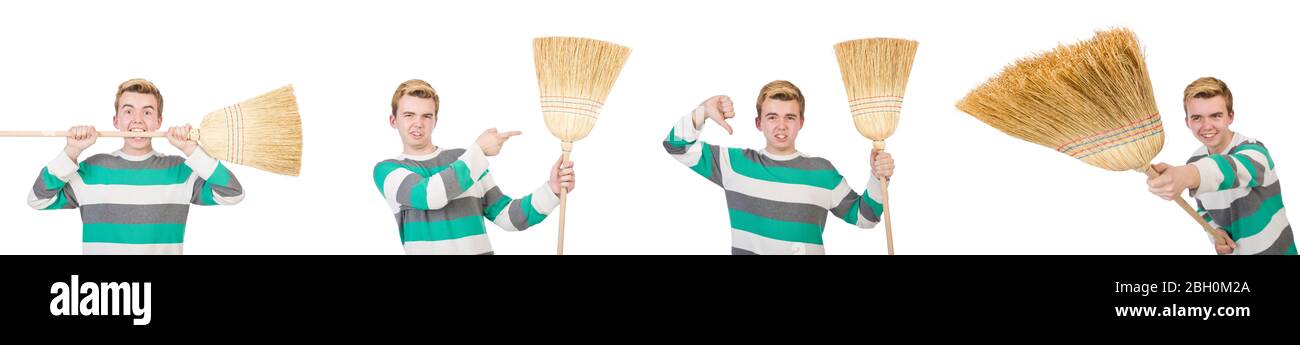 The funny man with mop isolated on white Stock Photo - Alamy