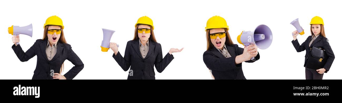 The female construction worker with loudspeaker isolated on white Stock ...