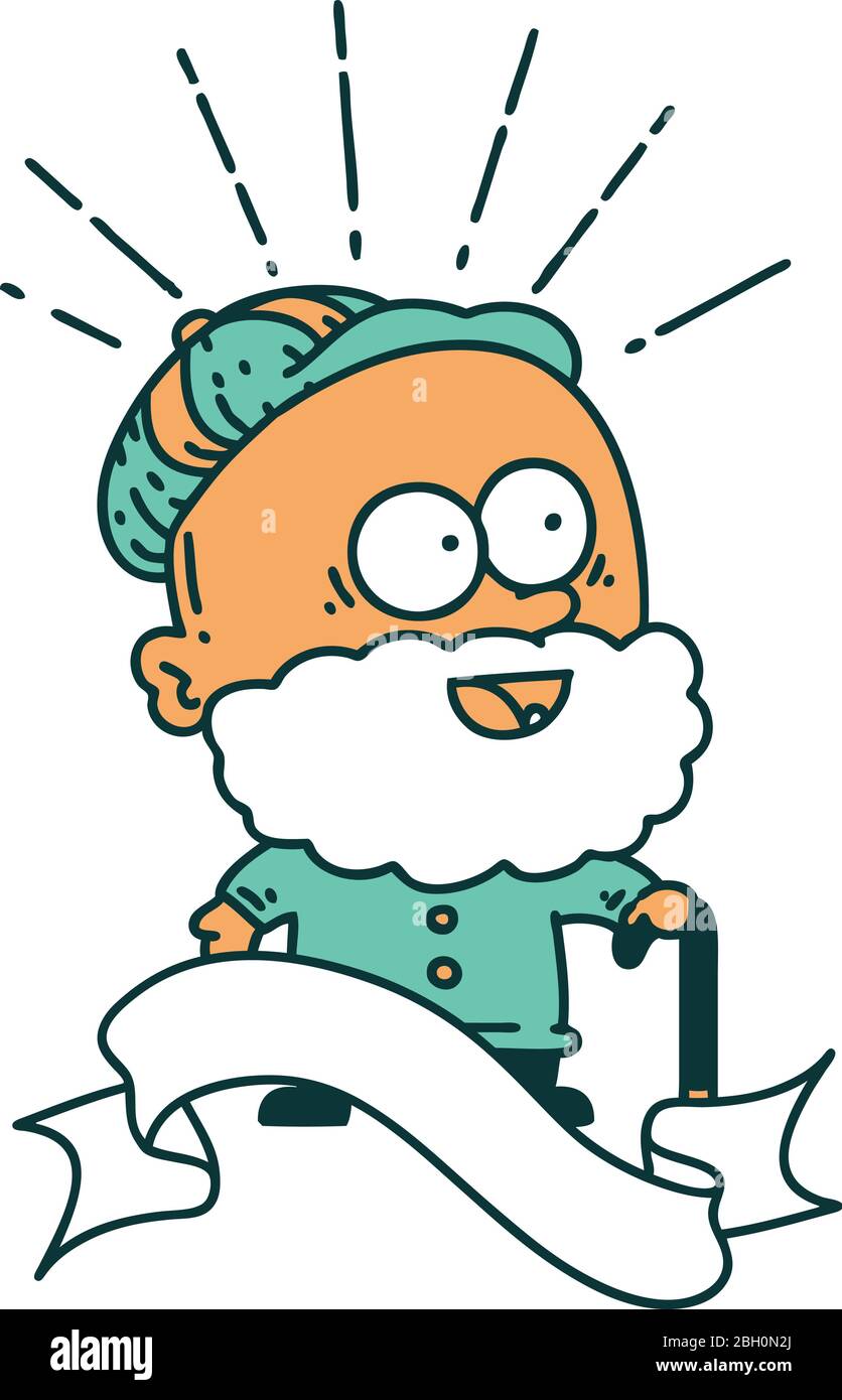 scroll banner with tattoo style happy old man with walking stick Stock ...