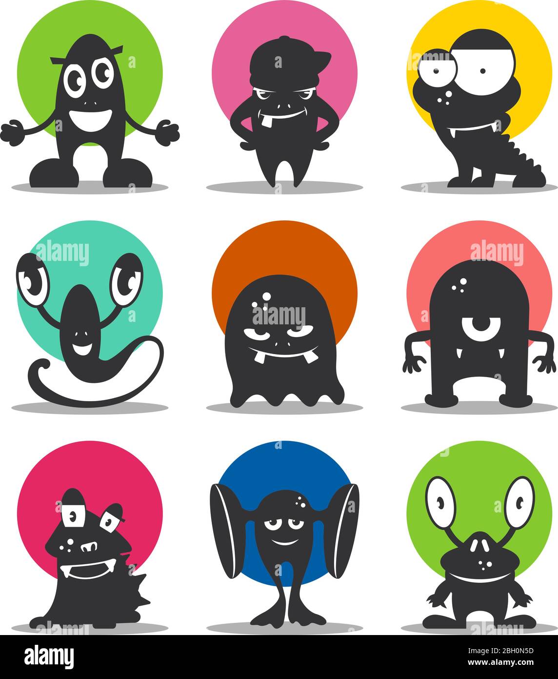 Cute cartoon avatars and icons. Black monsters set. Collection of funny ...