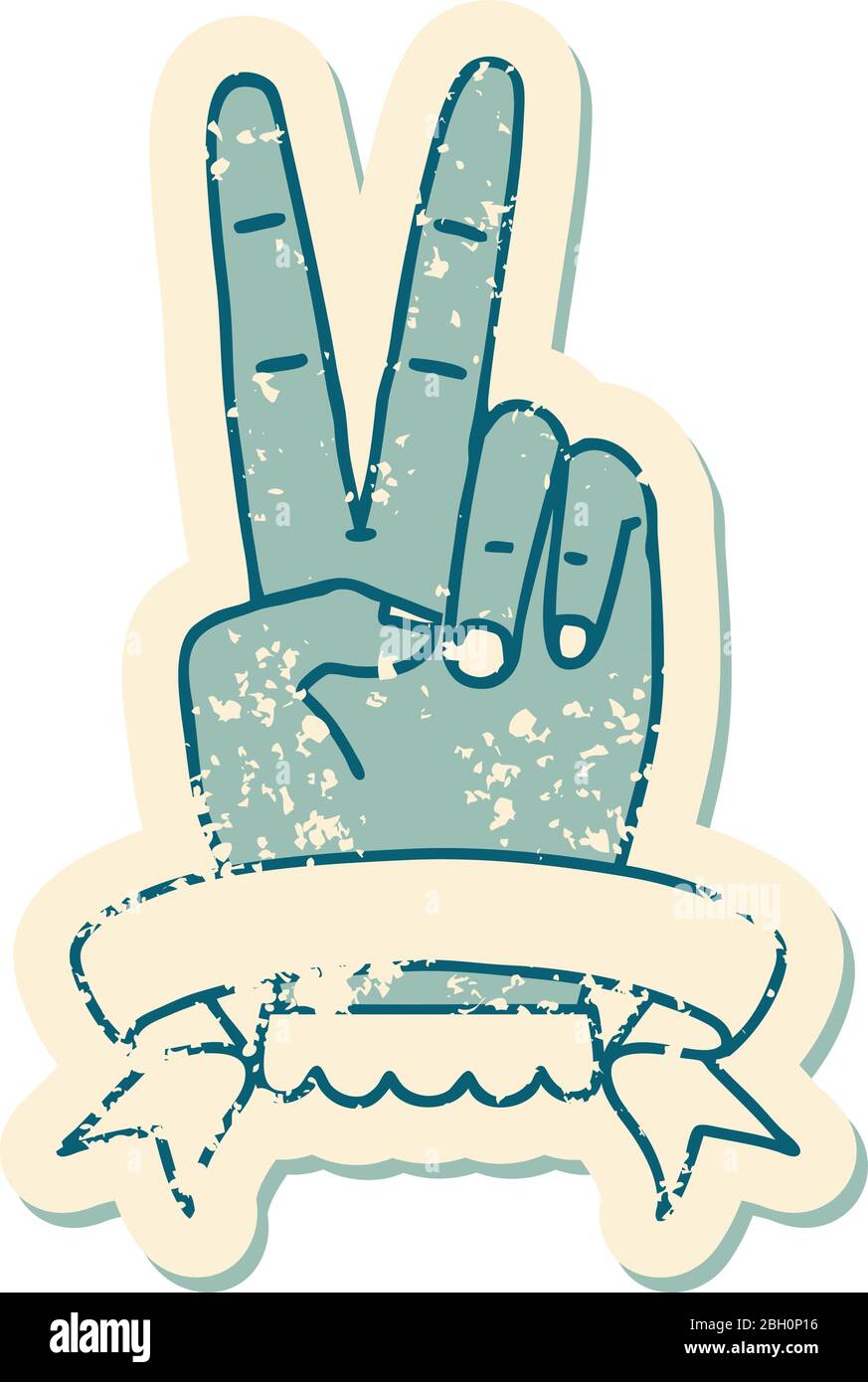 grunge sticker of a peace two finger hand gesture with banner Stock ...