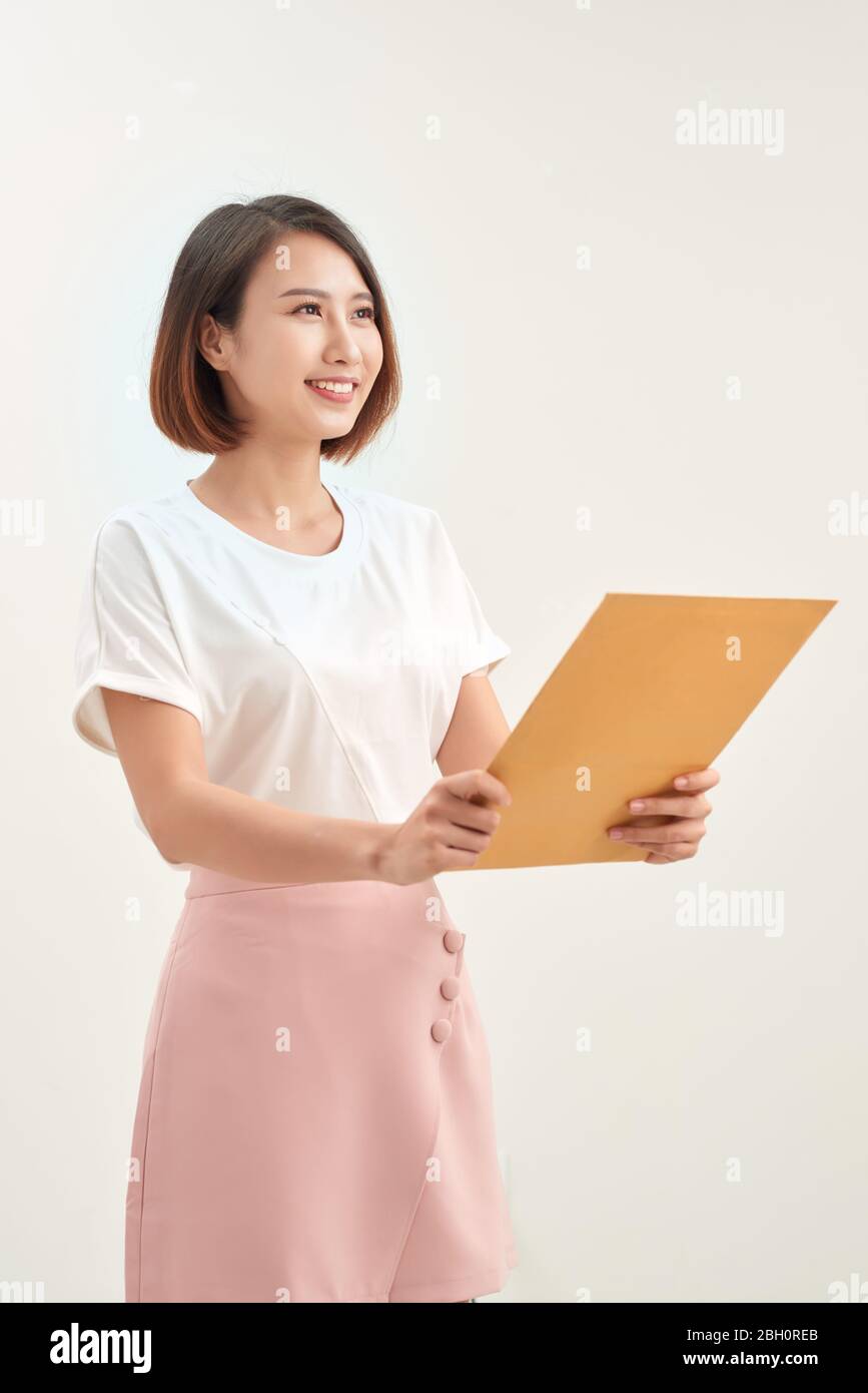 Young asian woman holding document envelopes for job application Stock ...