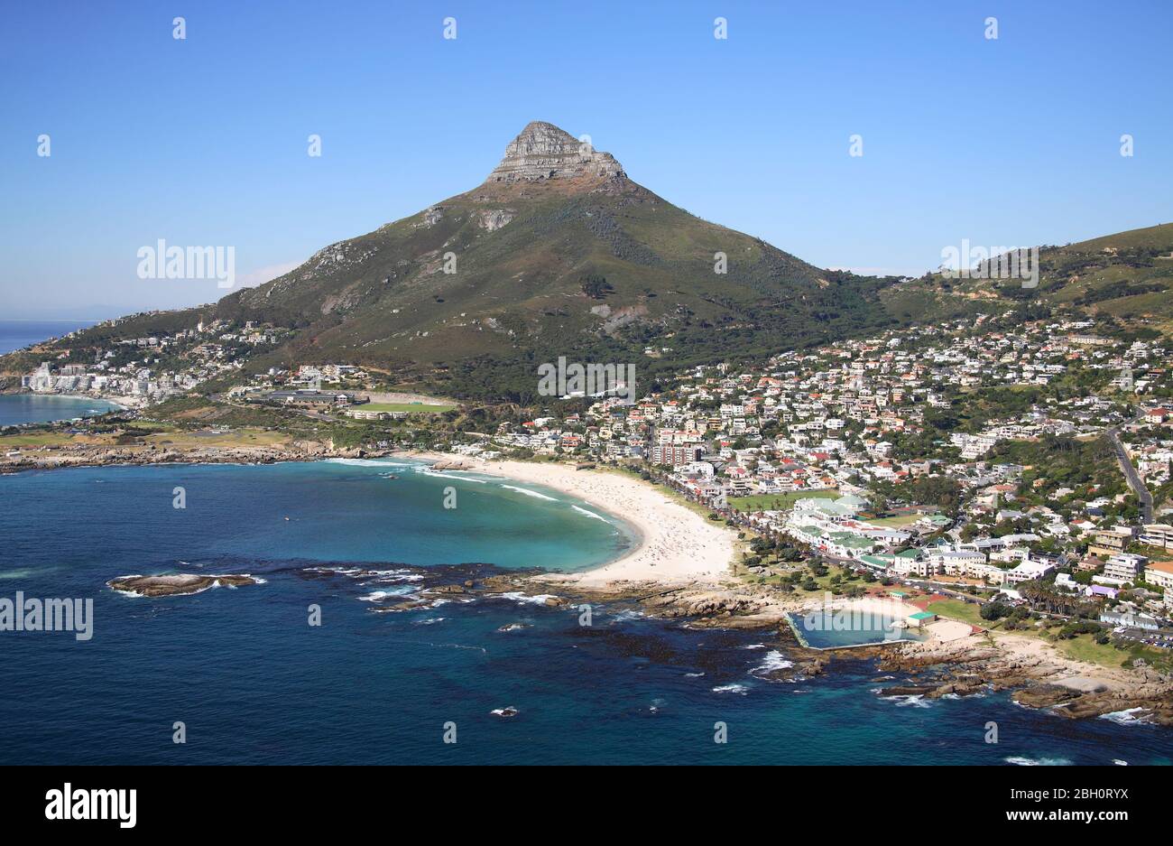 Aerial view of Camps Bay Beach with Lion's Head in the background Stock ...