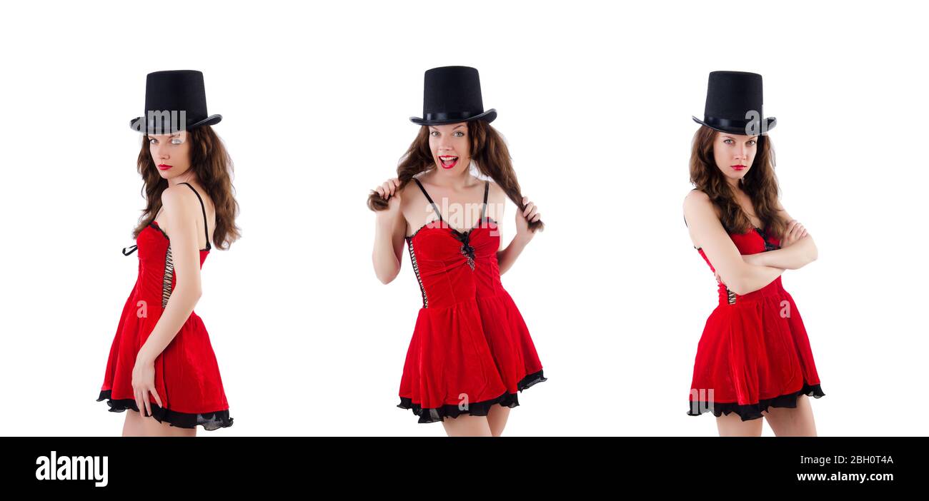 The female model posing in red mini dress isolated on white Stock Photo ...