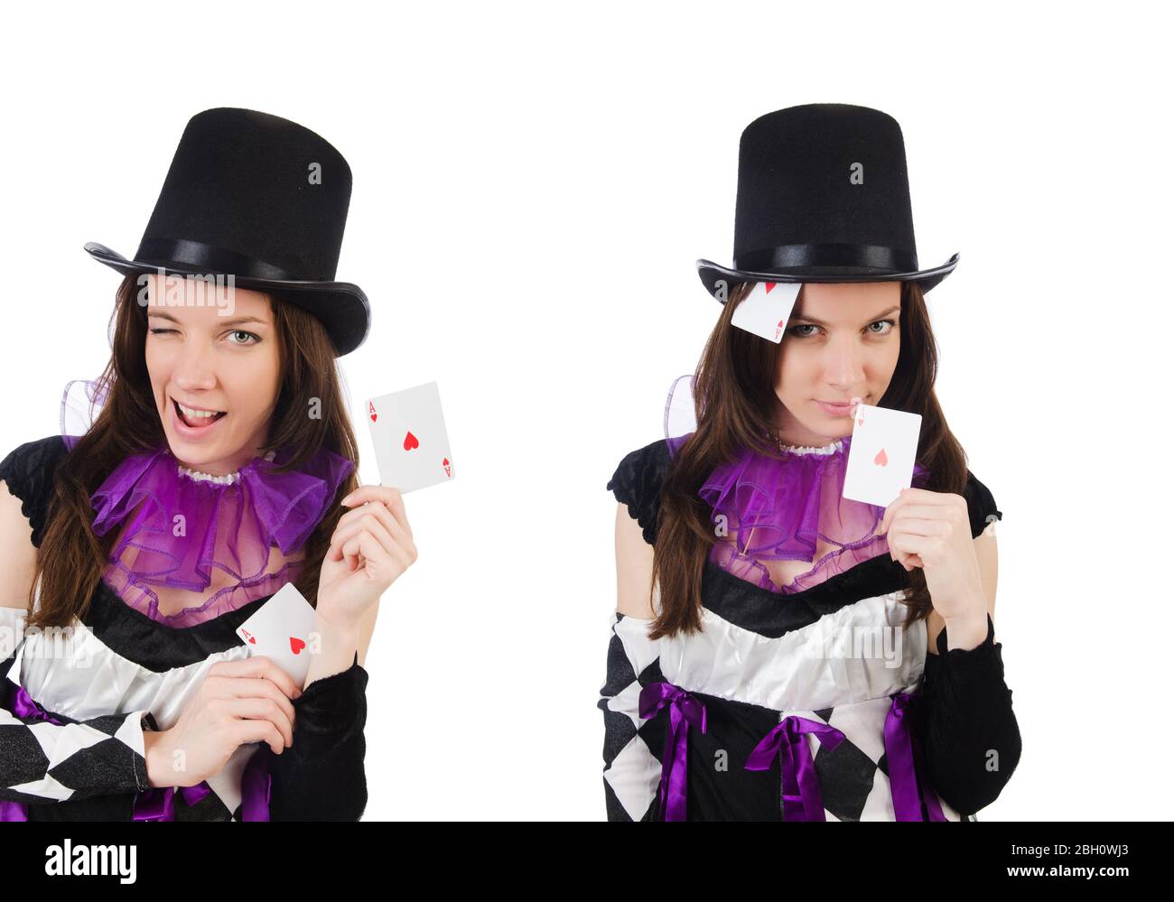 The pretty girl in jester costume with cards isolated on white Stock ...