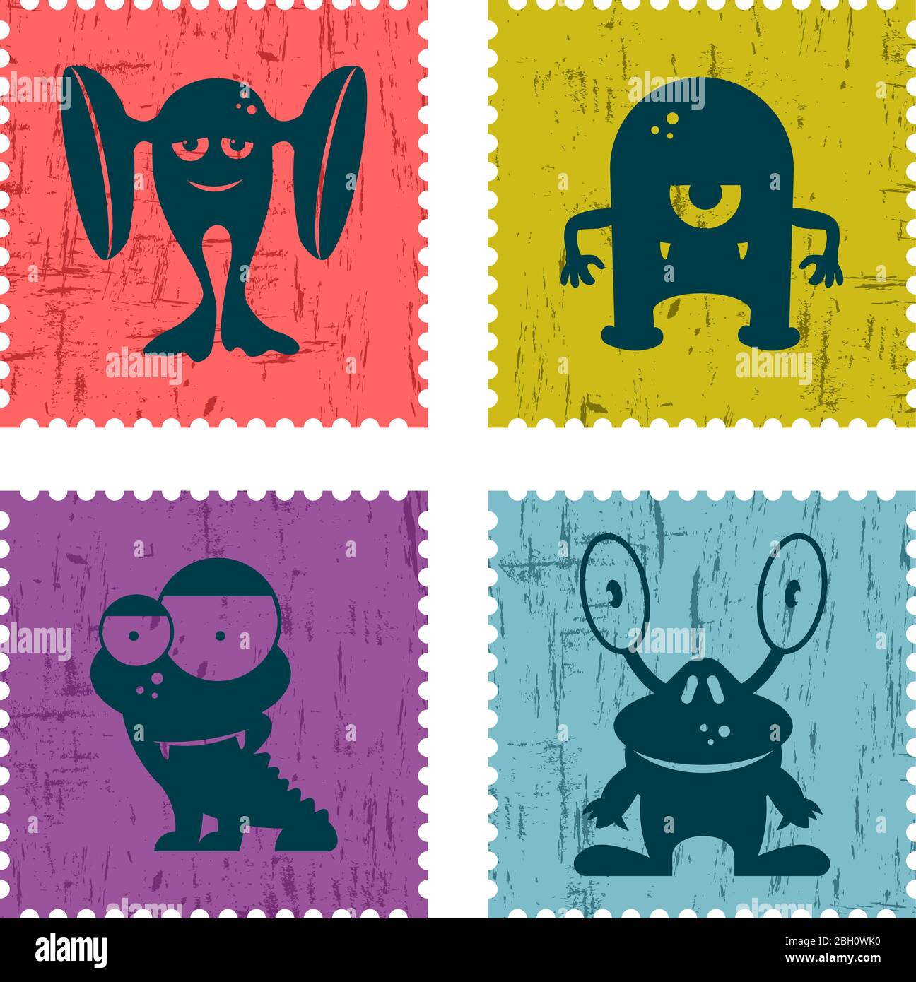 Set of retro postage stamp with funny monsters. Cartoon illustration ...