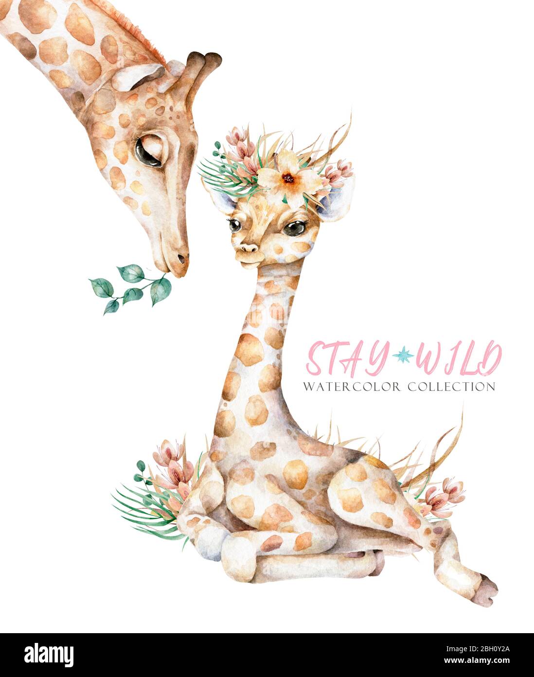Mother Day. Cute giraffe mother and baby with flower. Watercolor ...