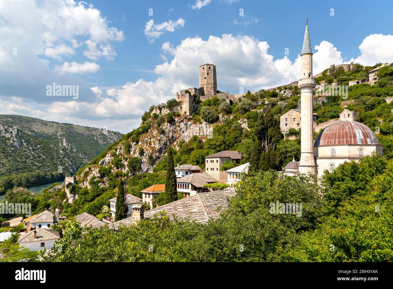 View over the village of Pocitelj with its mosque and traditional ...