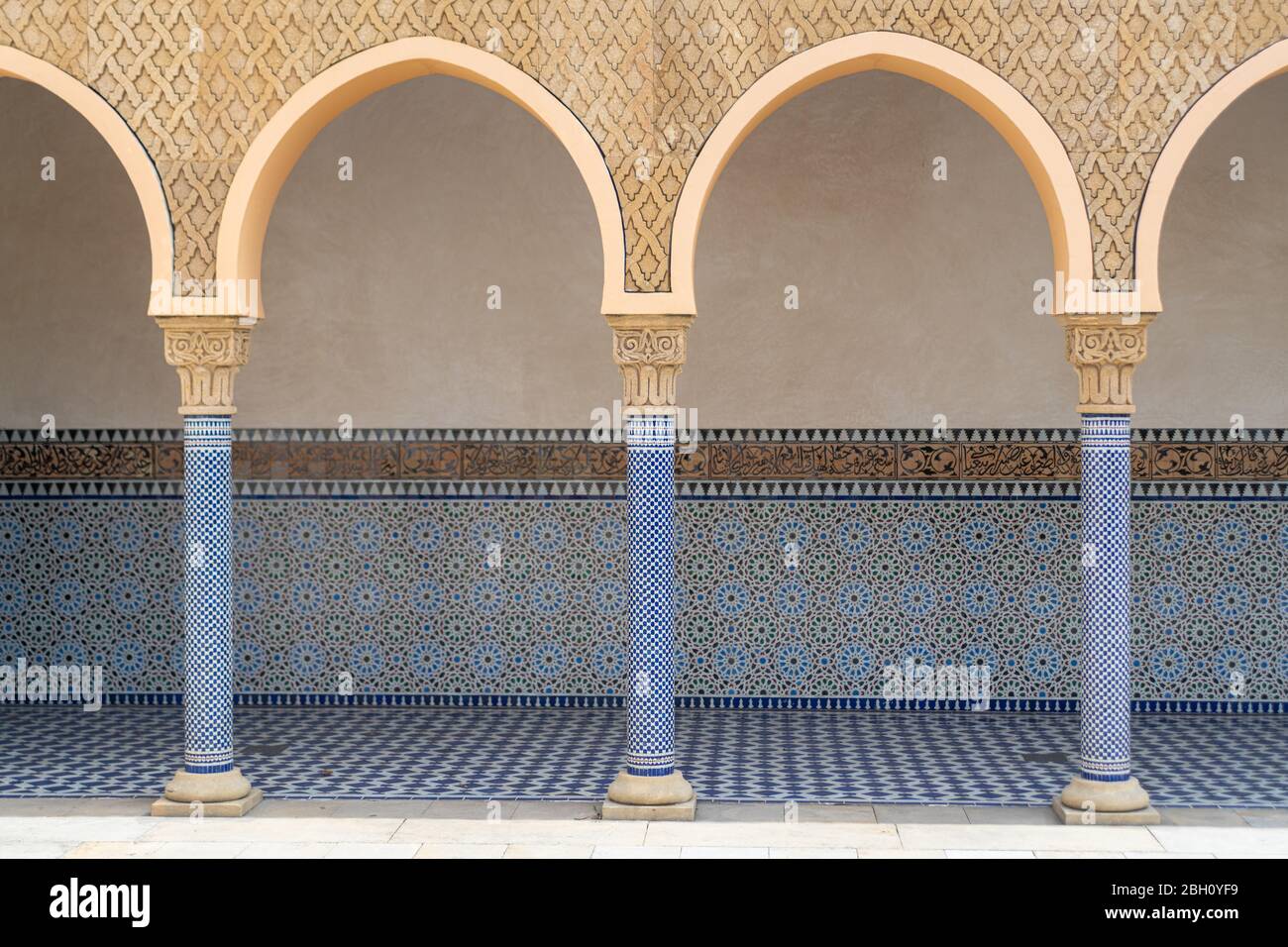 arabic arcade colonnade portico with wooden ceiling with ornaments ...