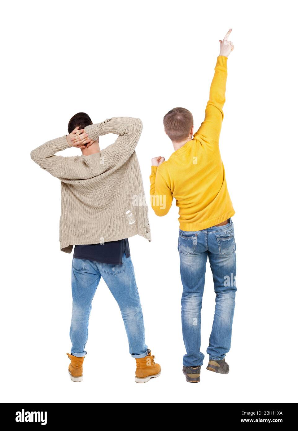 Back view of two man in sweater pointing. Rear view people collection ...