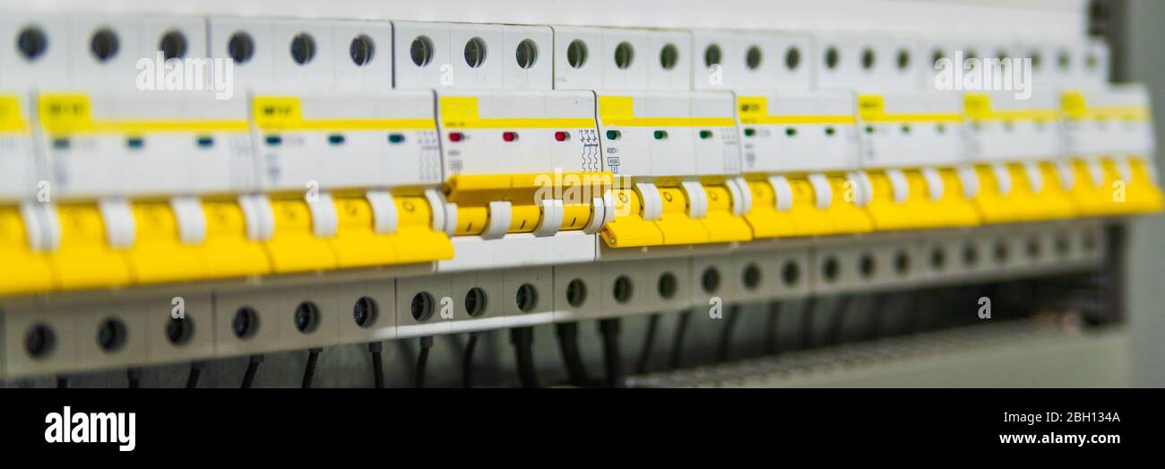 New control panel with electrical equipment. Automatic electricity ...