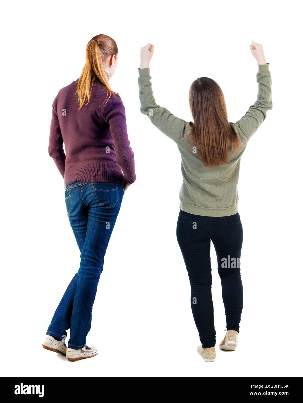 Back view of two woman in sweater. Rear view people collection ...