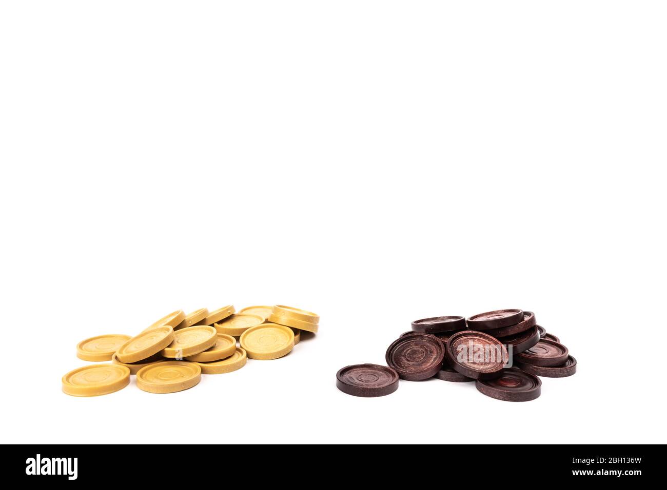 low-end plastic round checkers piece in white background in studio ...