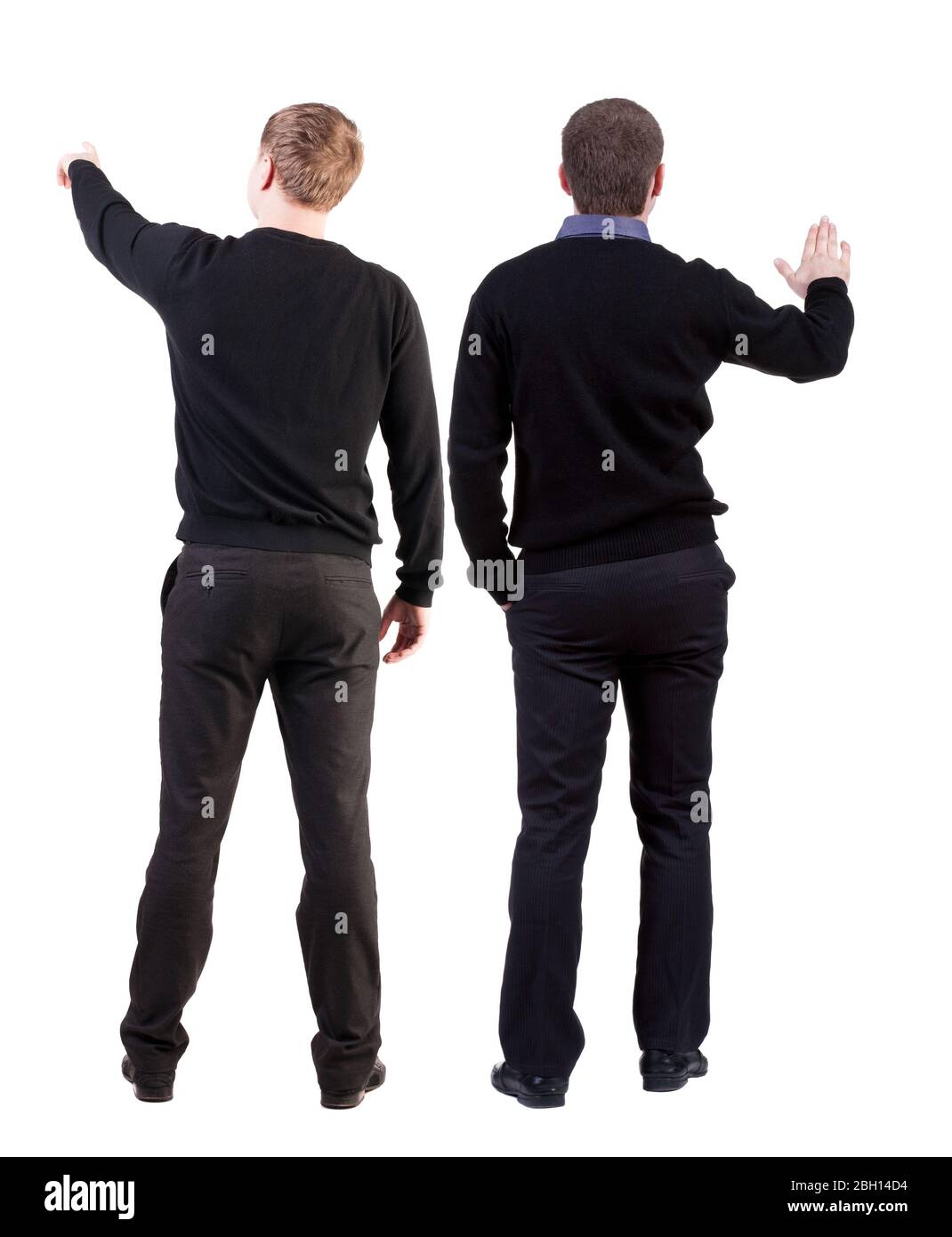 Back view of two man in sweater pointing. Rear view people collection ...