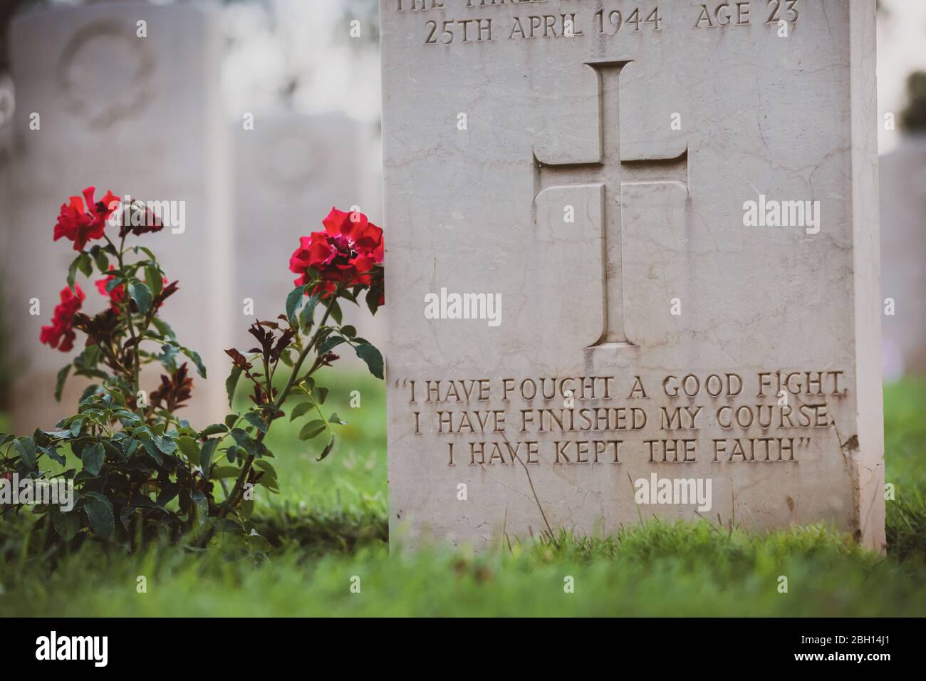 War memorial tombstone with epitaph. Commonwealth Cemetery of Cassino ...