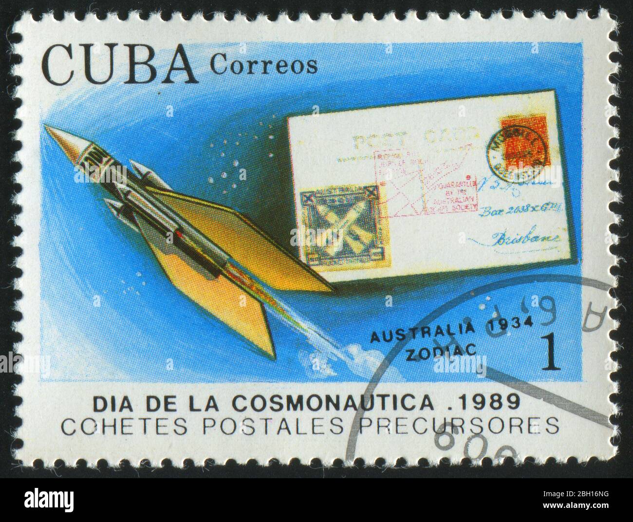 CUBA - CIRCA 1989: stamp printed by Cuba, shows rocket and mail covers ...