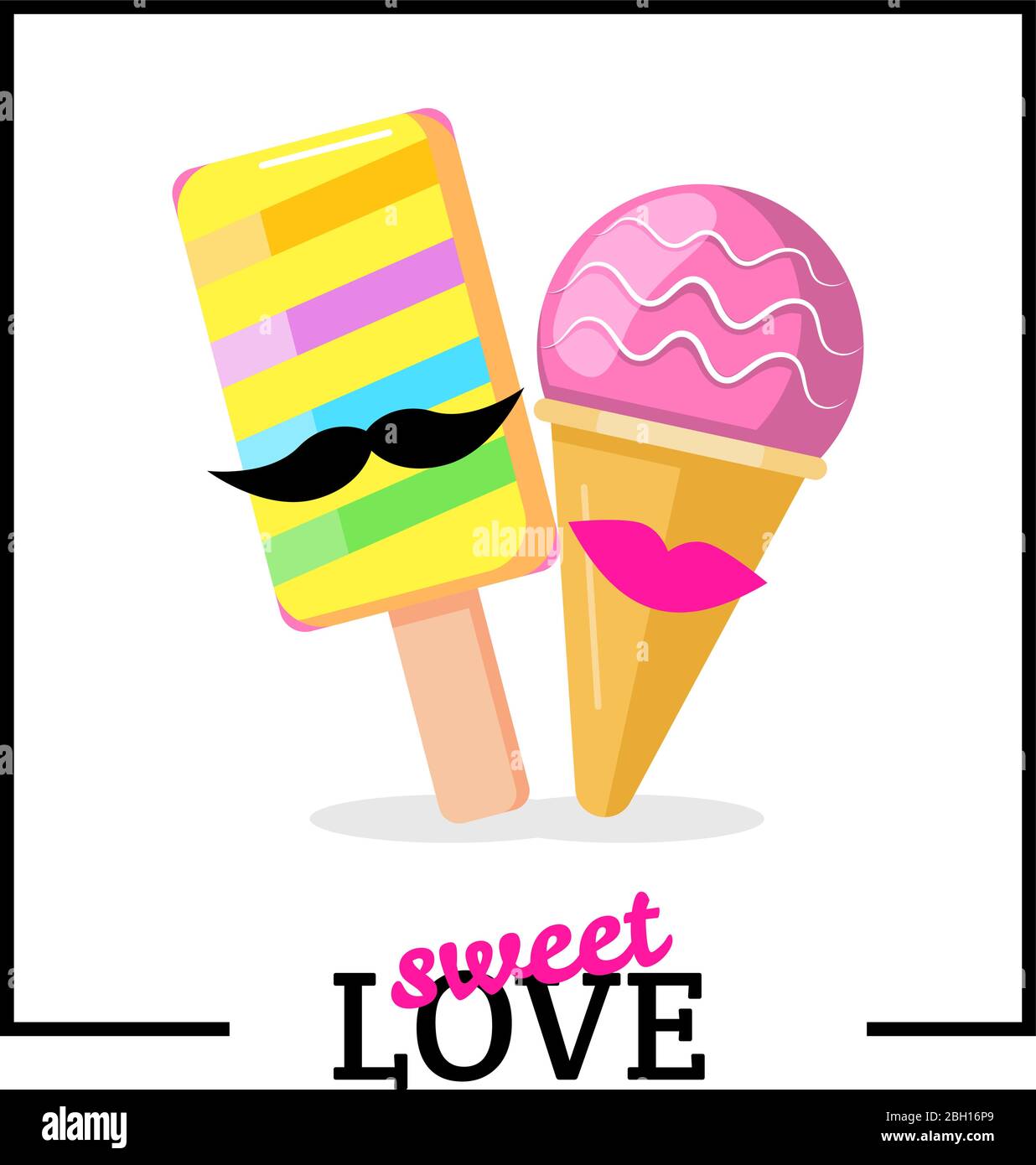 Ice cream couple with lips mustaches. Love card vector illustration ...