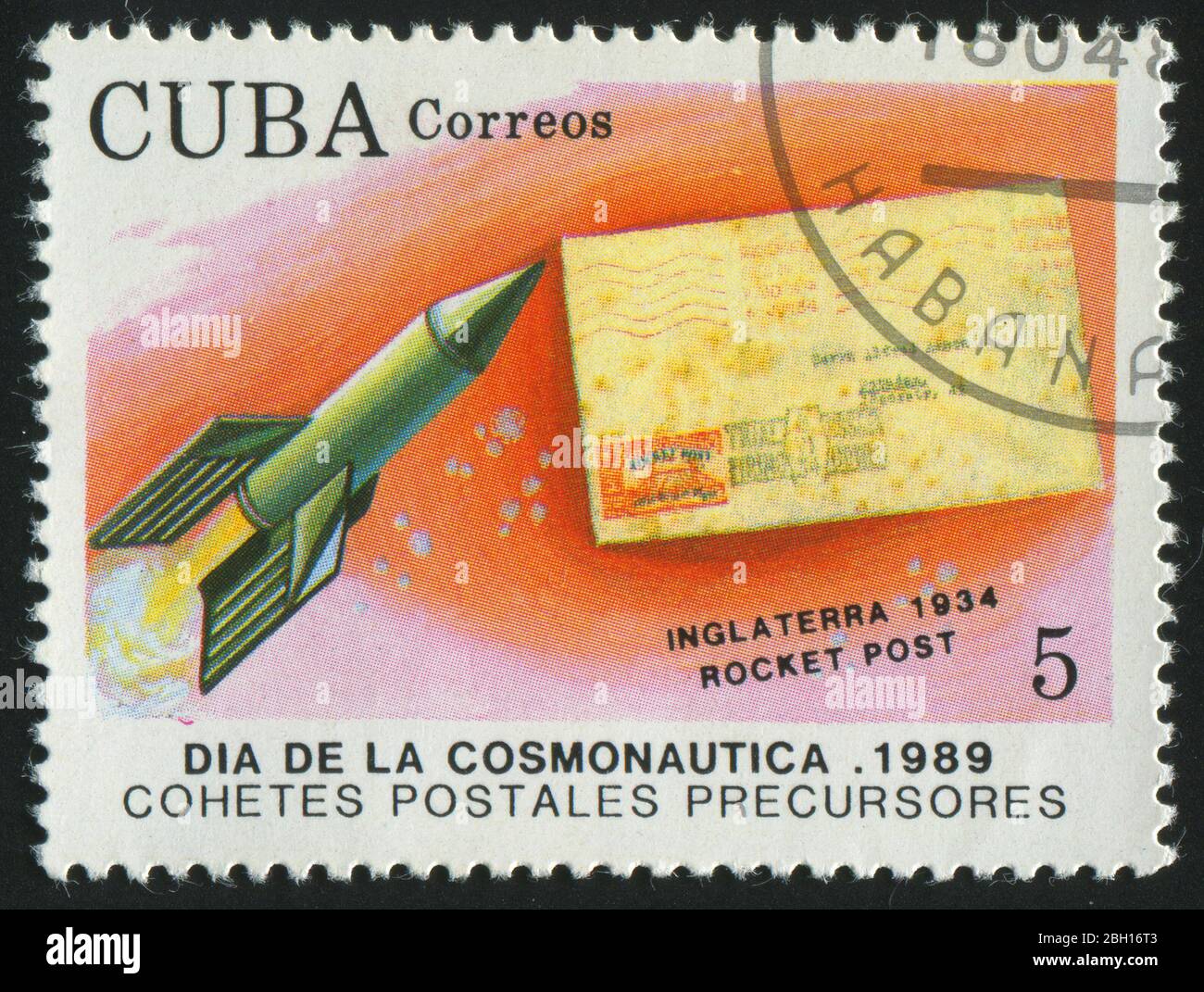 CUBA - CIRCA 1989: stamp printed by Cuba, shows rocket and mail covers ...