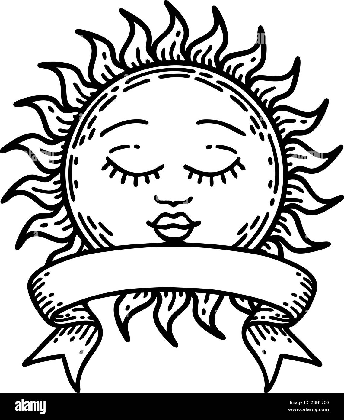 traditional black linework tattoo with banner of a sun Stock Vector ...