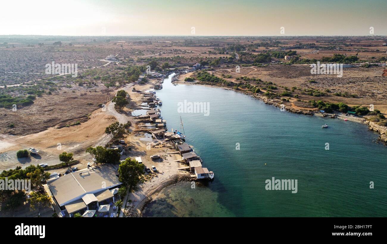 Aerial bird's eye view of Liopetri river to the sea (potamos Liopetriou ...