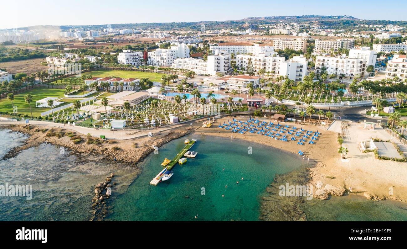 Aerial bird's eye view of Pernera beach in Protaras, Paralimni ...