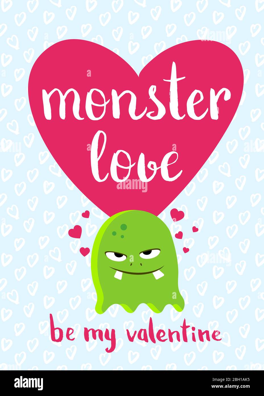 Vector Valentines Day card with heart, cute monster and lettering on ...