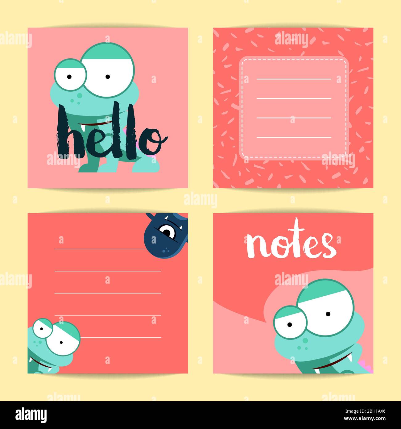 Vector square note cards with lettering and cute cartoon monsters on ...