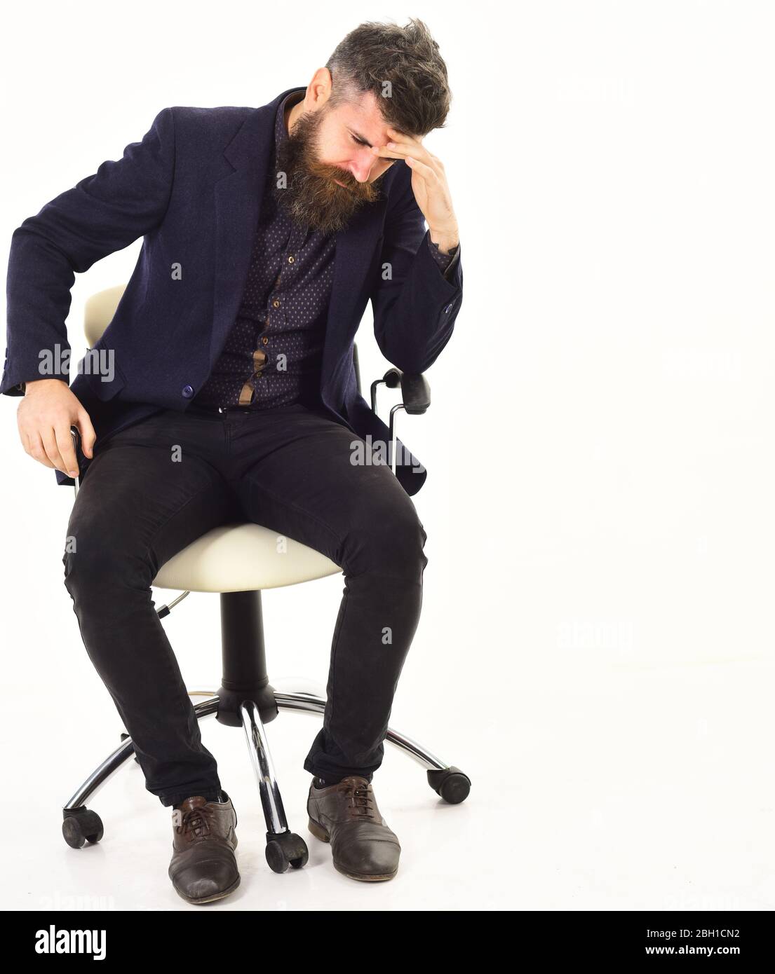 Boss with thoughtful face makes serious decisions. Decision making ...