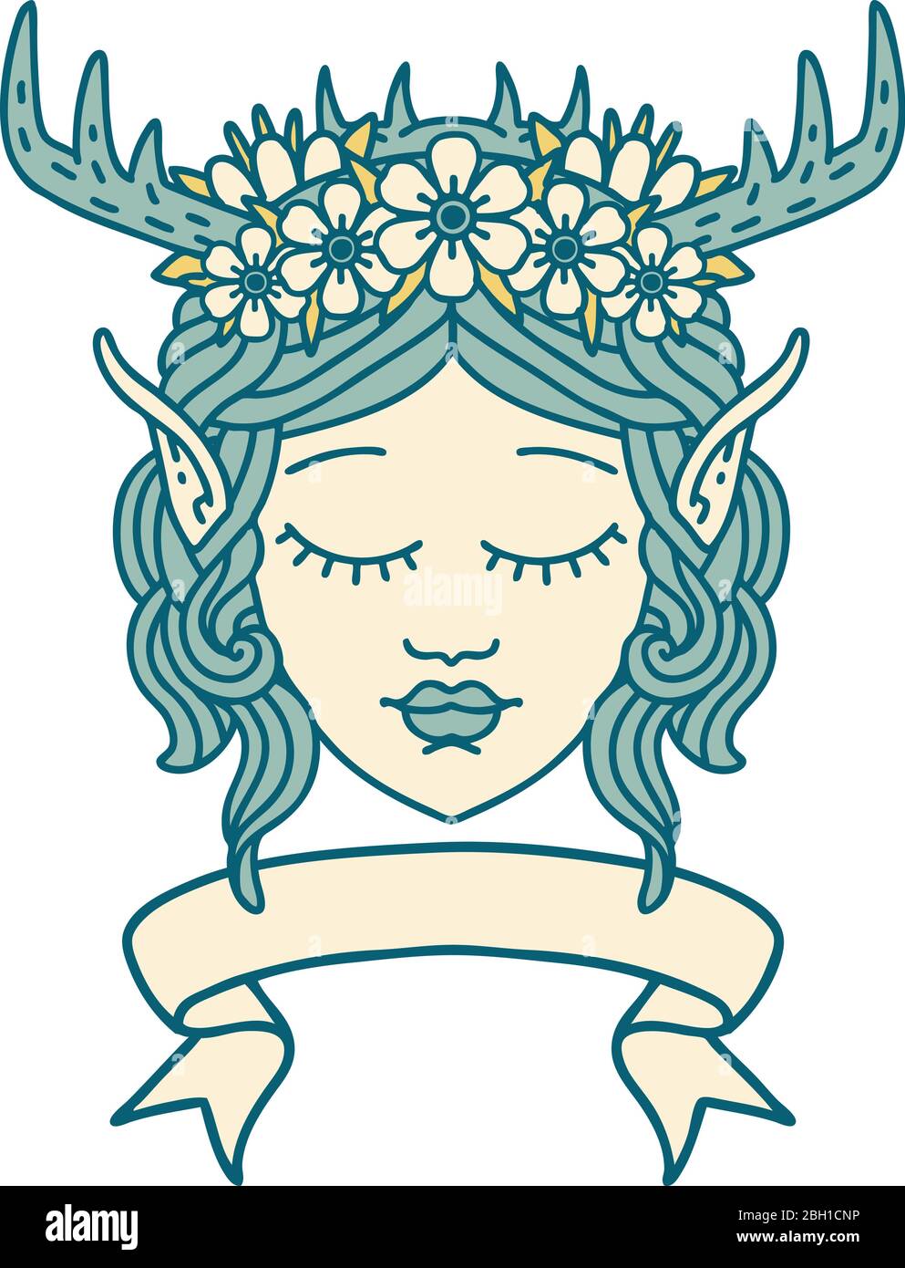 Retro Tattoo Style elf druid character face with banner Stock Vector ...